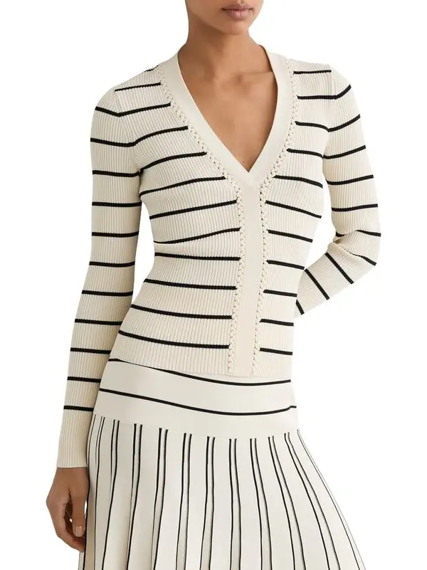 REISS Lauralee Stripe Braid Trim Top - Ivory/black