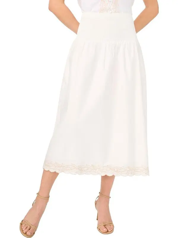 CECE DUPRAZ Embroidered Midi Skirt With Smocked Waist - Ultra White