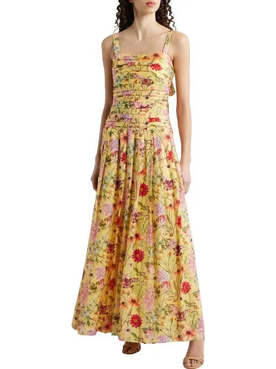 Julia Jordan Pleated Floral Print Sleeveless Gown - Yellow Multi