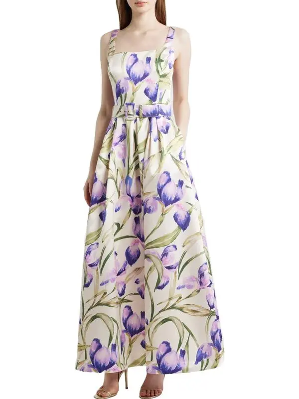 Julia Jordan Floral Print A-line Gown - Purple Multi