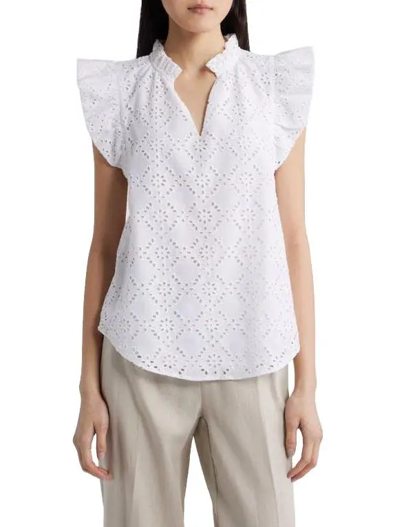 Anne Klein Embroidered Eyelet Cotton Top - Crisp White