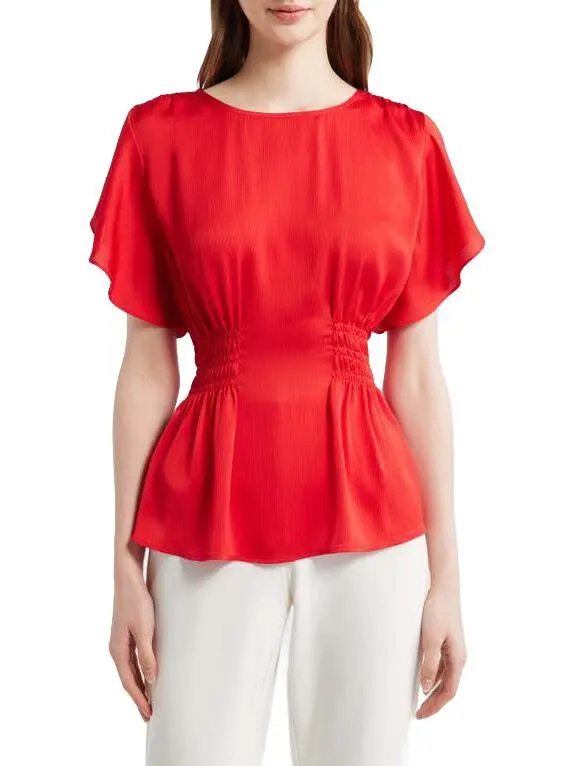 Anne Klein Flutter Sleeve Smocked Waist Top - Begonia Red