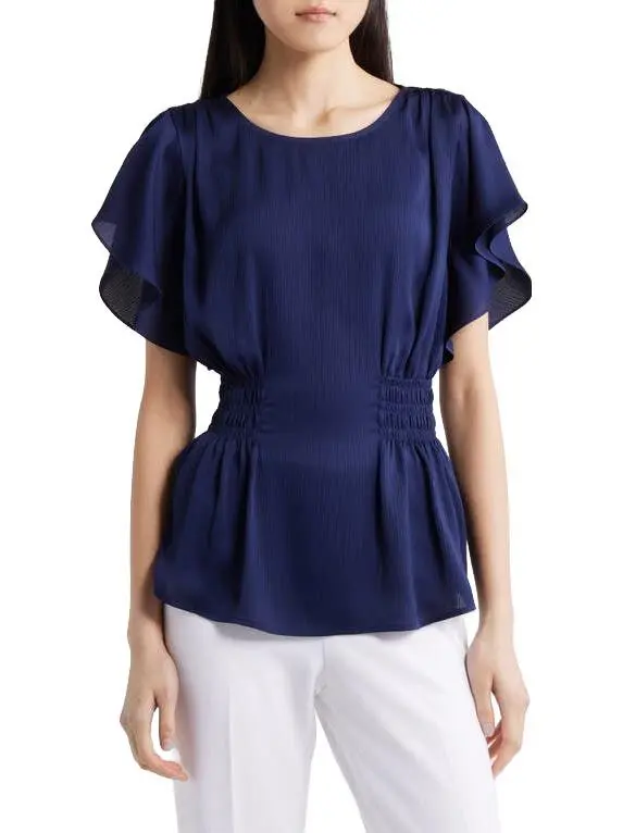 Anne Klein Flutter Sleeve Smocked Waist Top - Distant Mountain