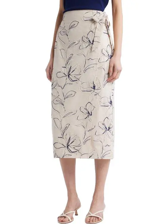 Anne Klein Embroidered Faux-wrap Midi Skirt - Natural Grain Mlt