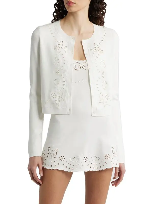 LoveShackFancy Leda Eyelet Cardigan - White Vanilla