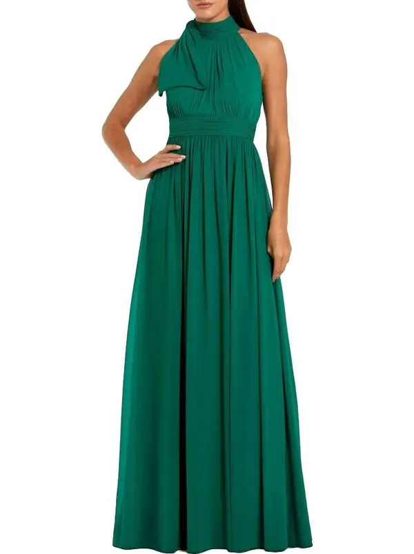 Mac Duggal Petite A-line Halter Neck Chiffon Evening Gown - Deep Emerald