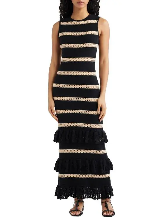 Rails Ana Stripe Cotton Blend Knit Midi Dress - Black Oat Stripe