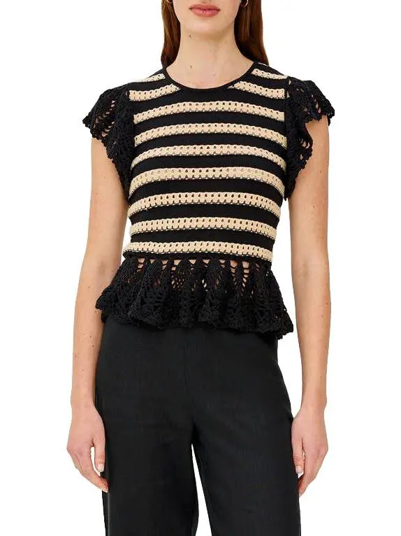 Rails Coen Ruffle Sleeve Peplum Sweater - Black Oat Stripe