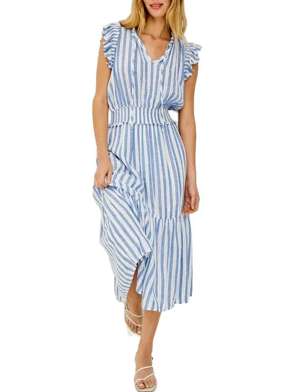 Rails Linen Blend Maxi Dress With Smocked Waist - Atlantis Stripe