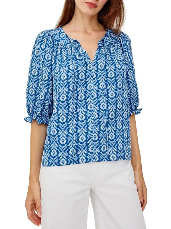 Rails Floral Three-quarter Sleeve Top - Blue Ikat