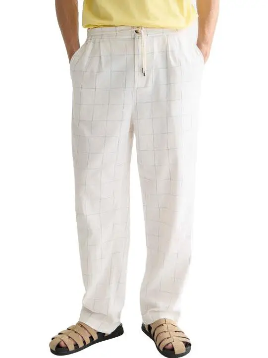 Scotch & Soda Pleated Relaxed Straight Fit Cotton & Linen Blend Trousers - Bright White/blue Check