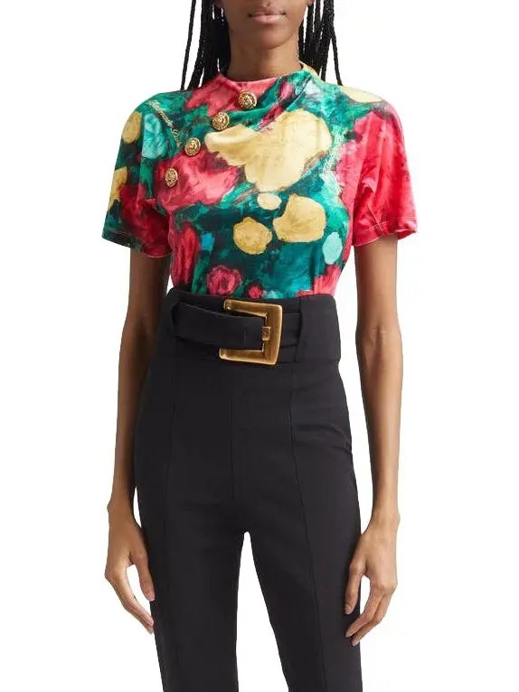 Balmain Roses Print Velvet Top - Ulj Green/multi
