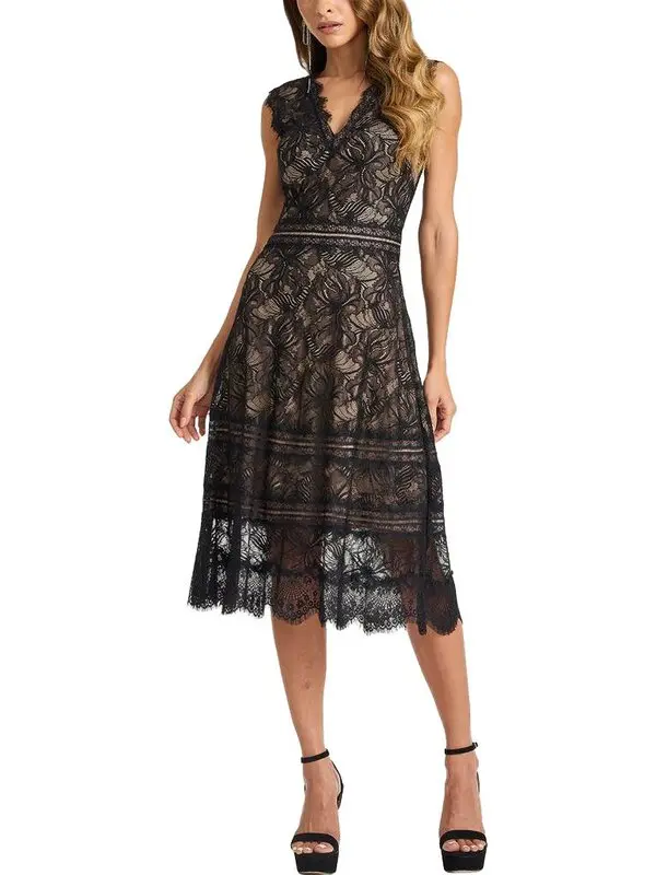 Tadashi Shoji Lace V-neck A-line Dress - Black Beige