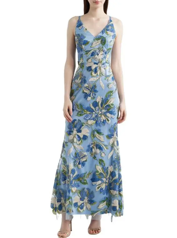 Eliza J Sequin Floral Mermaid Gown - Blue Multi