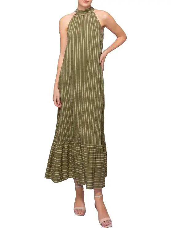 MELLODAY Stripe Mock Neck Maxi Sundress - Olive Stripe
