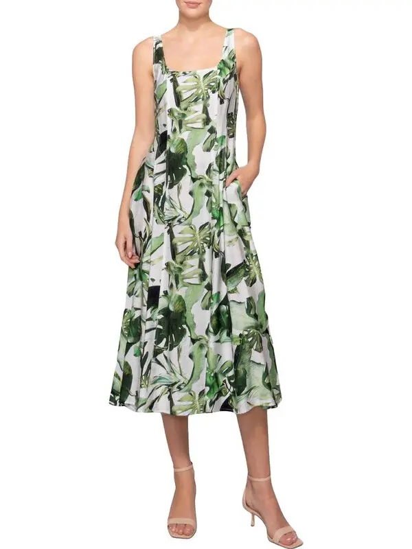 MELLODAY Fit & Flare Midi Sundress - Ivory Green Tropical