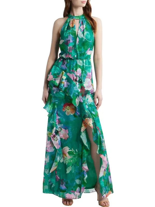 Adrianna Papell Floral Ruffle Gown - Green Multi