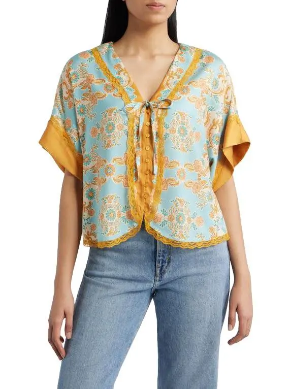 Wit & Wisdom Lace Trim Floral Dolman Sleeve Top - Pale Teal/orange Multi