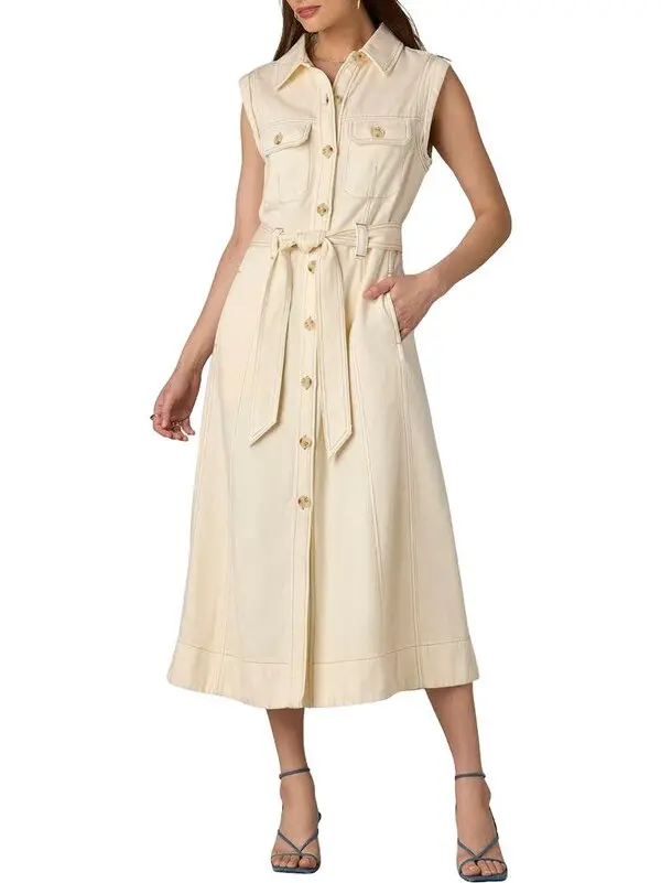 Wit & Wisdom Topstitch Sleeveless Midi Shirtdress - Ecru