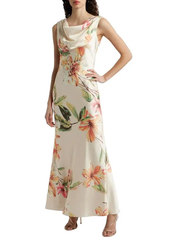 Eliza J Floral Cowl Neck Satin Gown - Champagne