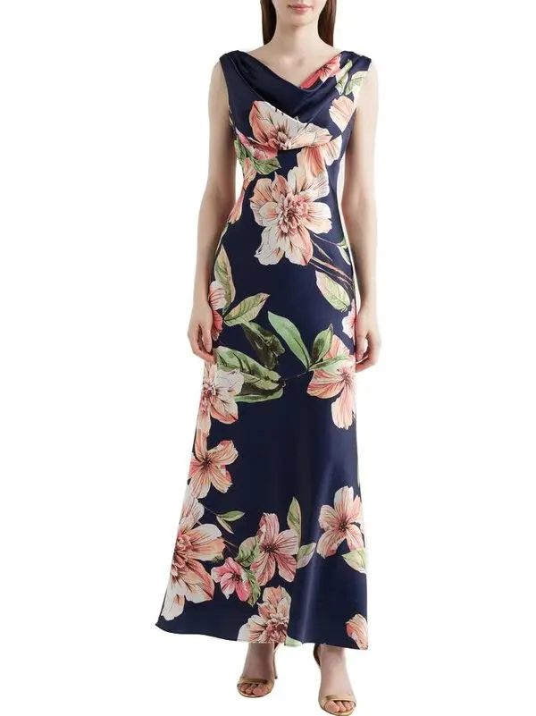 Eliza J Floral Cowl Neck Satin Gown - Navy