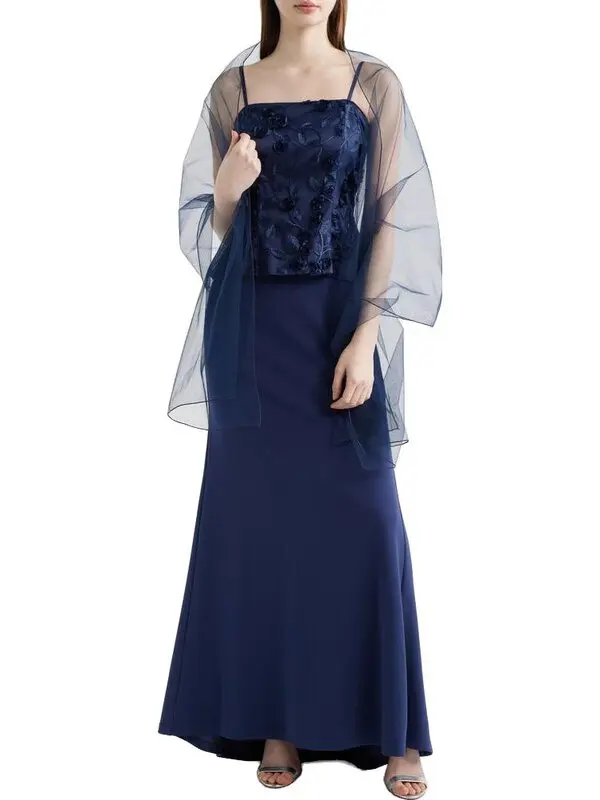 Eliza J Mixed Media Floral Embroidery Gown - Navy