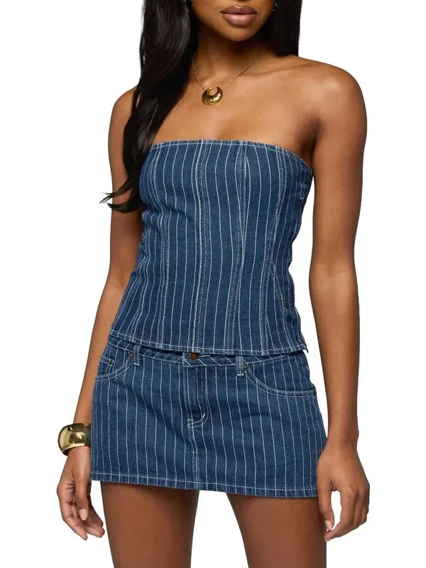 EDIKTED Camelia Strapless Denim Corset Top - Blue-and-white
