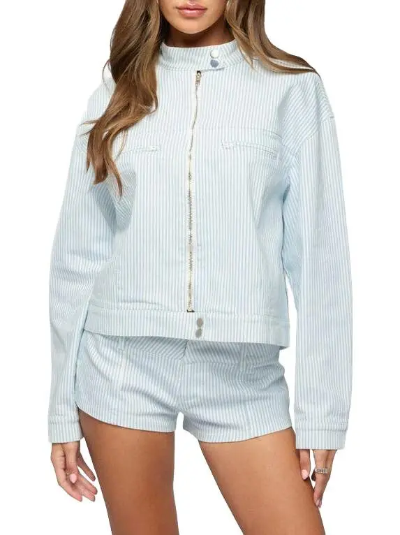 EDIKTED Pinstripe Moto Jacket - White-and-blue