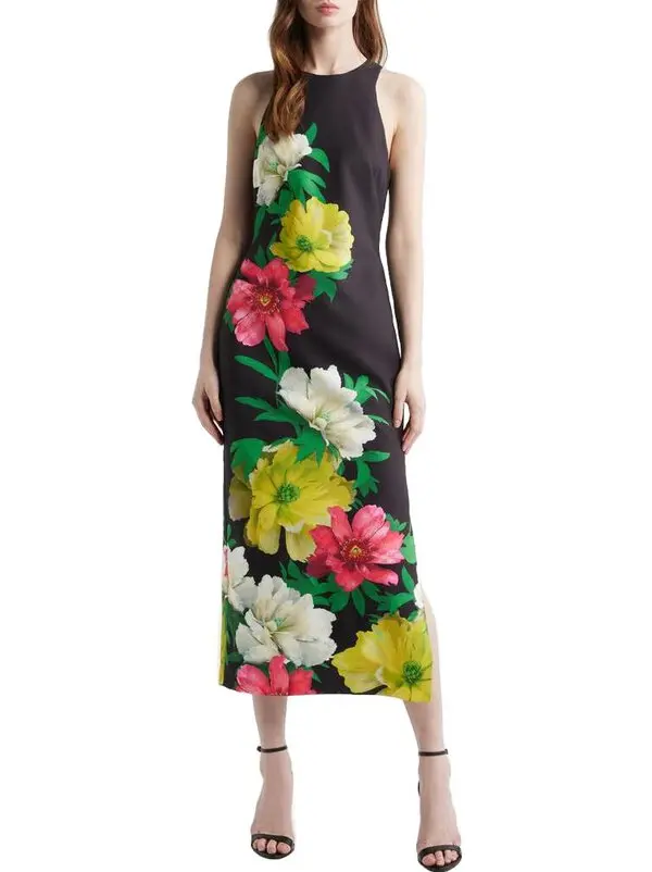 Adrianna Papell Floral Satin Gown - Black Multi