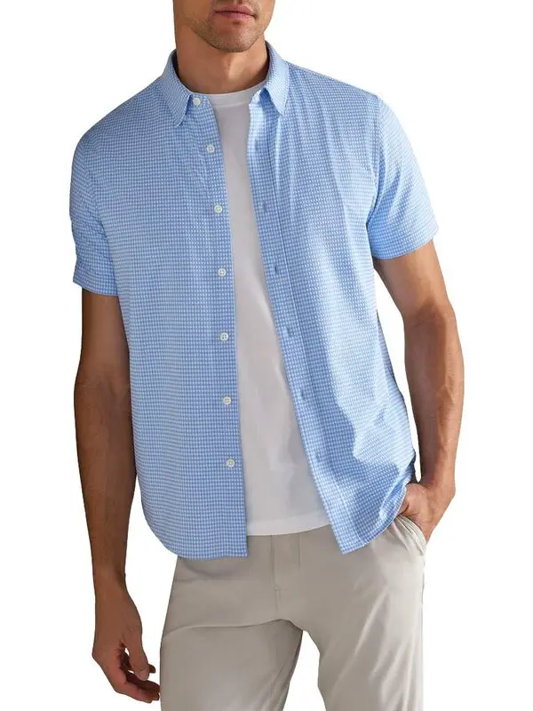 RHONE Commuter Short Sleeve Button-up Shirt - Light Blue Gingham