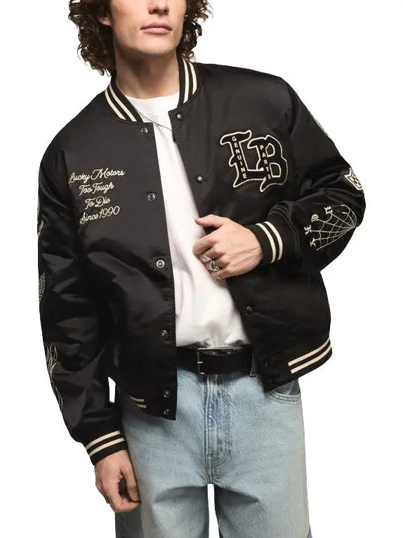 Lucky Brand Satin Varsity Jacket - Jet Black