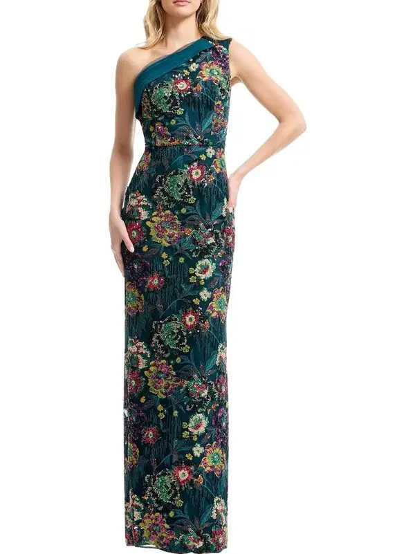 Dress The Population Sawyer Beaded Sequin One-shoulder Gown - Peacock Blue Multi