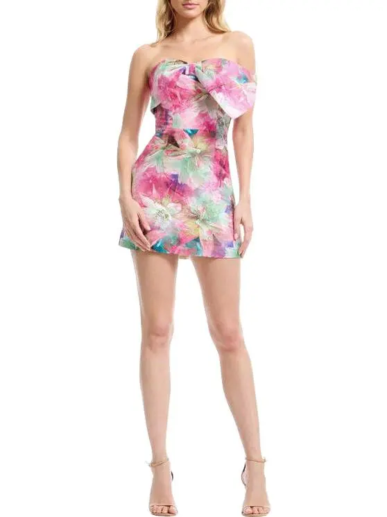 Dress The Population Ollie Floral Bow Detail Strapless Mini Dress - Bright Fuchsia Multi