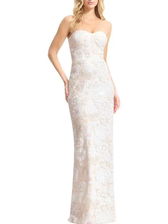 Dress The Population Vada Sequin Floral Strapless Column Gown - Off White Multi