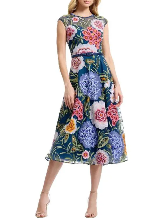 Dress The Population Floral Embroidery Cocktail Midi Dress - Navy Multi