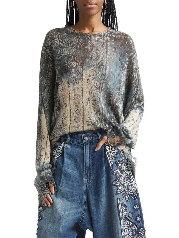 R13 Paisley Ripped Linen Sweater - Blue Faded Bandana