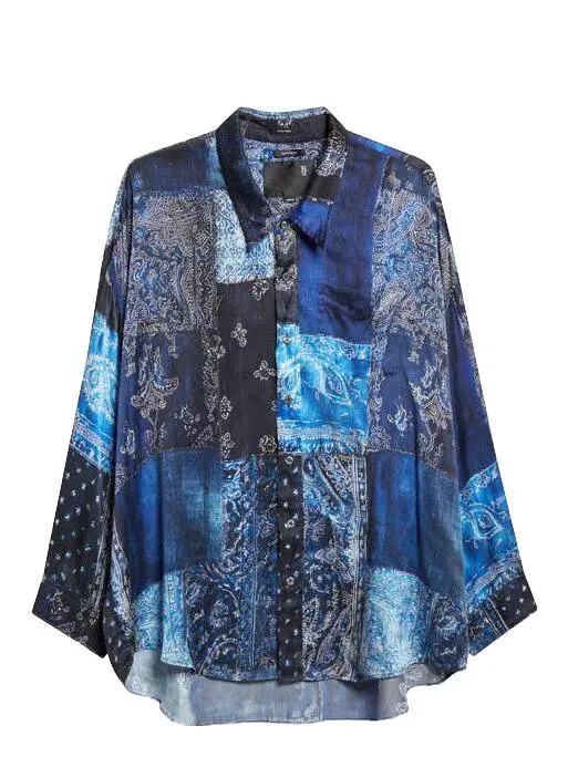 R13 Drop Neck Patchwork Oversize Silk Shirt - Blue Multi Bandana Print