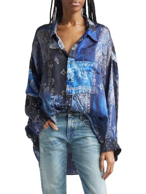 R13 Drop Neck Patchwork Oversize Silk Shirt - Blue Multi Bandana Print