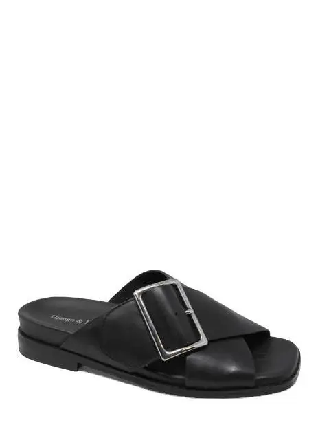 DJANGO AND JULIETTE Efri Wide Strap Flat Slide Sandal - Black Leather