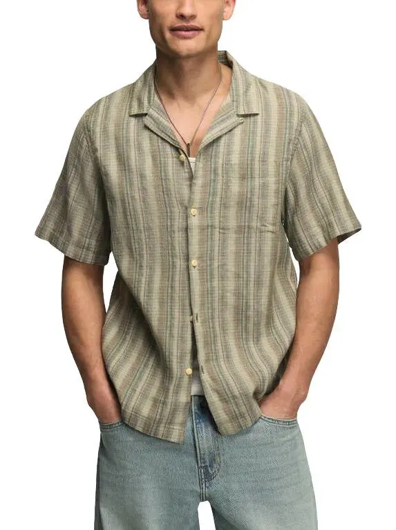 Lucky Brand Stripe Linen & Cotton Camp Shirt - Olive Multi