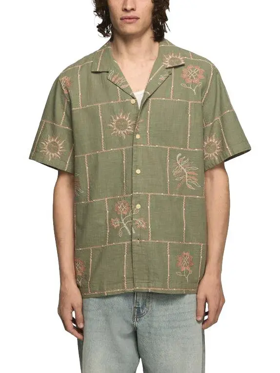 Lucky Brand Embroideree Slub Cotton Camp Shirt - Olive Multi