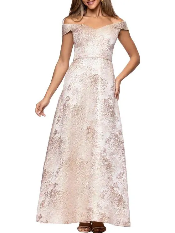 XSCAPE EVENINGS Jacquard Metallic Off-the-shoulder Ballgown - Blush/gold