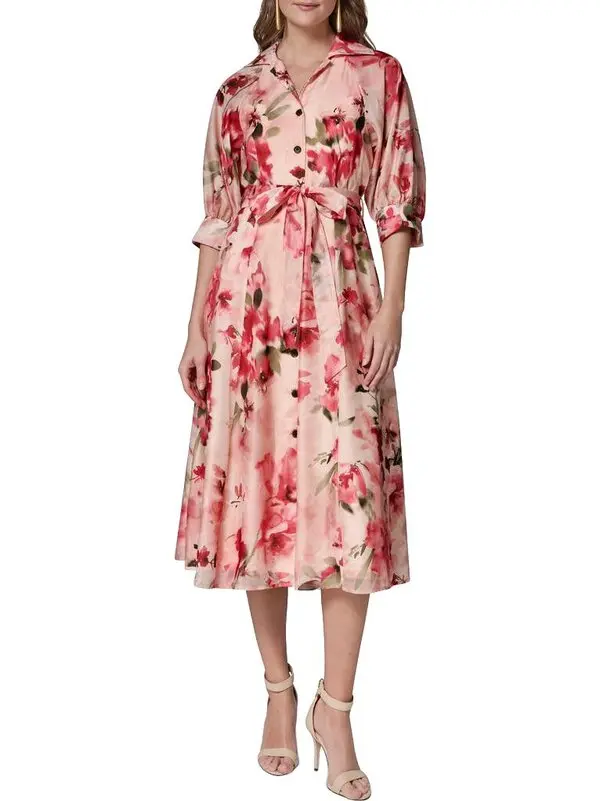 Donna Karan New York Floral Print Tie Waist Shirtdress - Geranium Multi