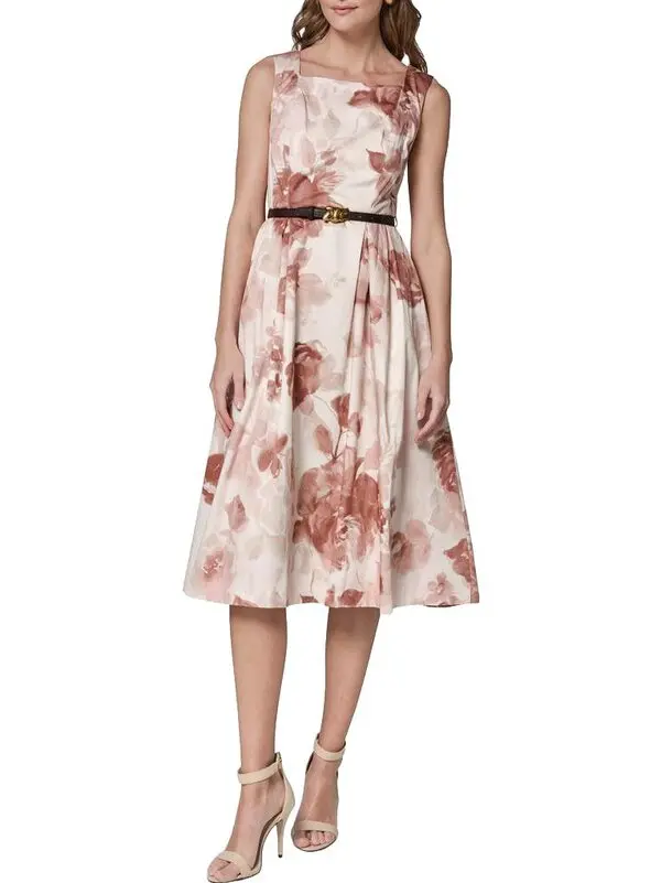 Donna Karan New York Floral Belted Stretch Cotton Dress - Snow Petal Multi