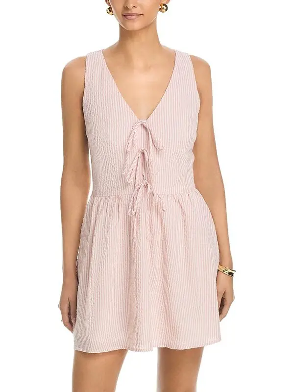 Aqua Stripe Poplin Front Tie Mini Dress - Rose White