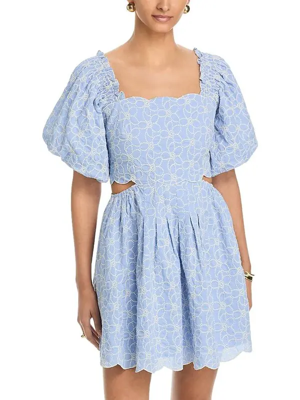 Aqua Embroidered Scallop Hem Mini Dress - Blue