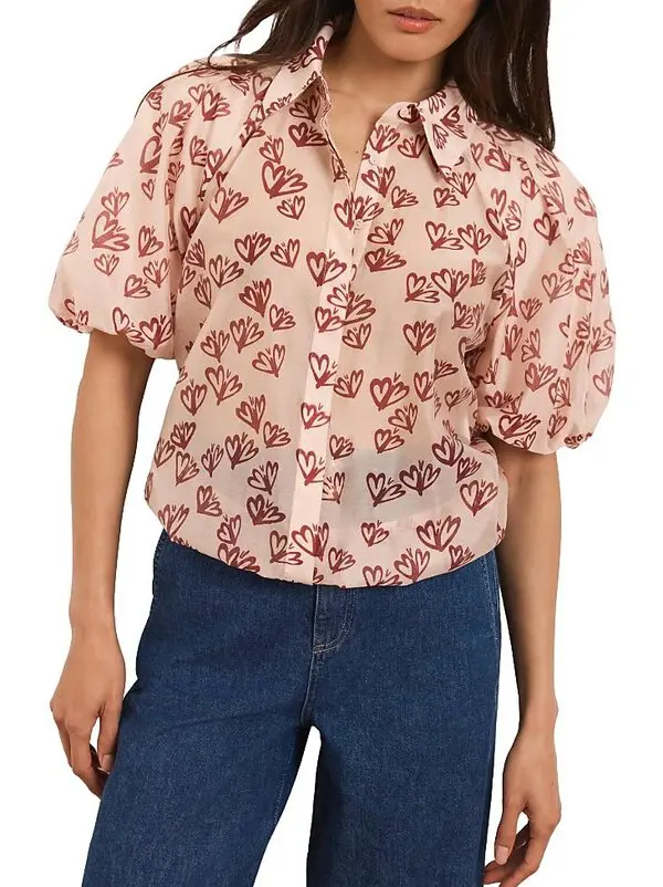 Mint Velvet Heart Print Puff Sleeve Shirt - Light Pink