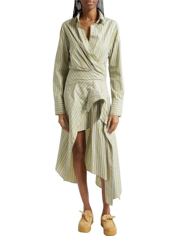 Monse Cascade Stripe Long Sleeve Deconstructed Shirt Dress - Light Olive