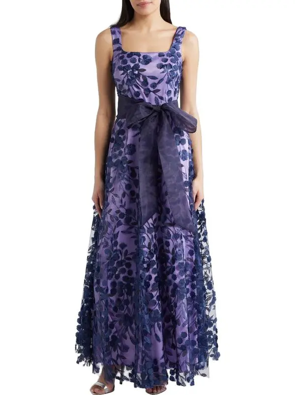 Eliza J Embroidered Floral Illusion Ballgown - Navy Lilac