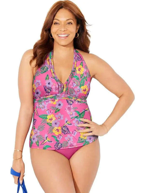 SWIMSUITS FOR ALL Braid Trim Halter Tankini Top - Maui Coral Floral